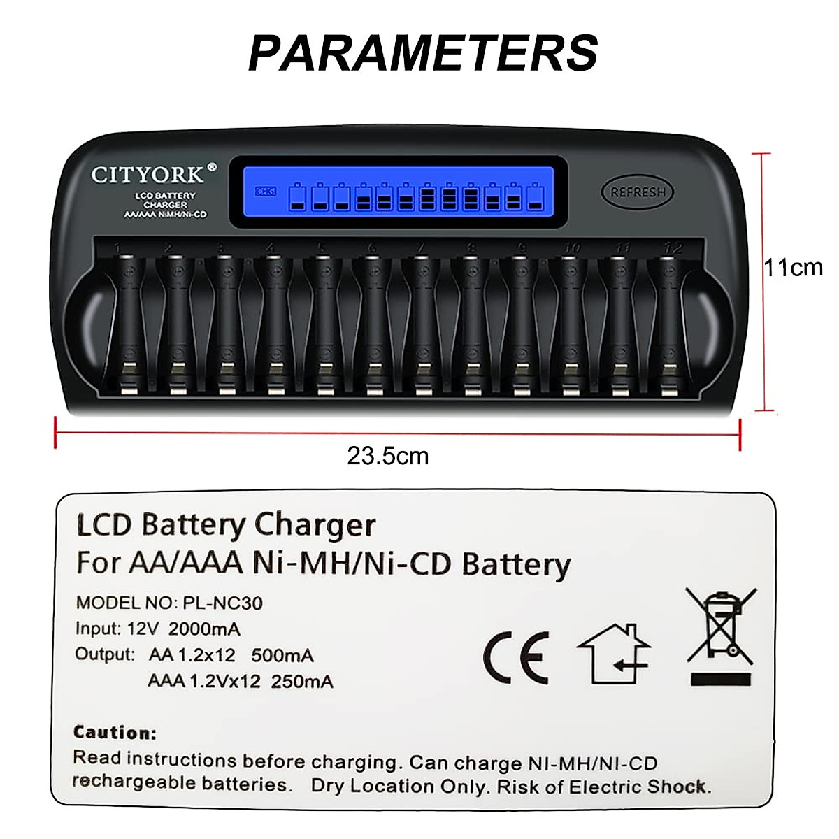 CITYORK 12 Slot LCD Smart Rechargeable Battery Charger Fast for 1.2V AA AAA NiMH Rechargeable Batteries with Car Charger