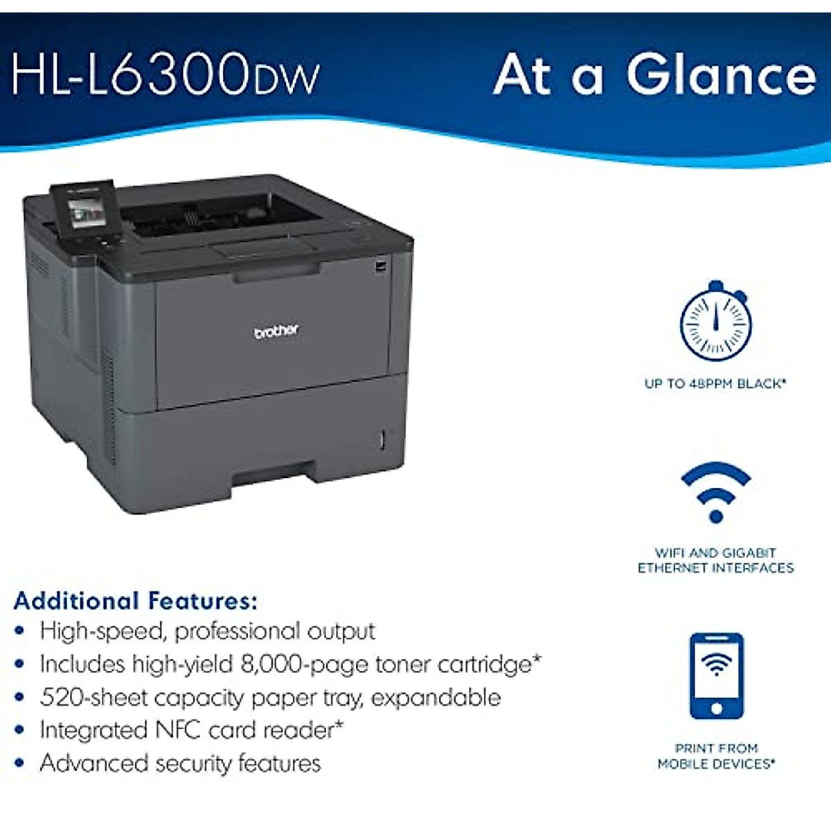 Brother HL-L6300DW Wireless Single-Function Monochrome Laser Printer, Gray - Print only - 48 ppm, 1200x1200 dpi, 8.5x14, 256MB Memory, Auto Duplex Printing, 520 Sheet, Ethernet, Cbmoun Printer Cable