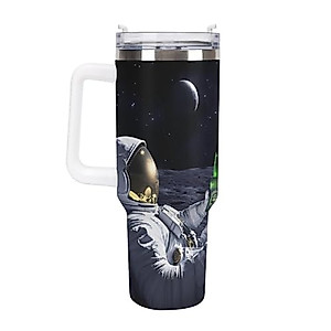 Astronaut Drinking Beer on Moon Tumbler with Handle Travel Mug Water Bottle Tea Coffee Cup White-style