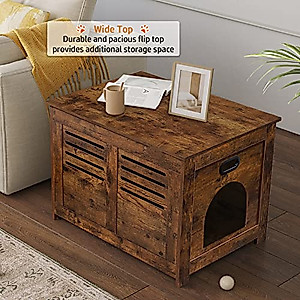 DINZI LVJ Litter Box Furniture, Flip Top Hidden Cat Washroom with Louvered Window, Entrance Can Be on Left/Right Side, Enclosed Cat Litter House Side Table for Most of Cat and Litter Box, Rustic Brown