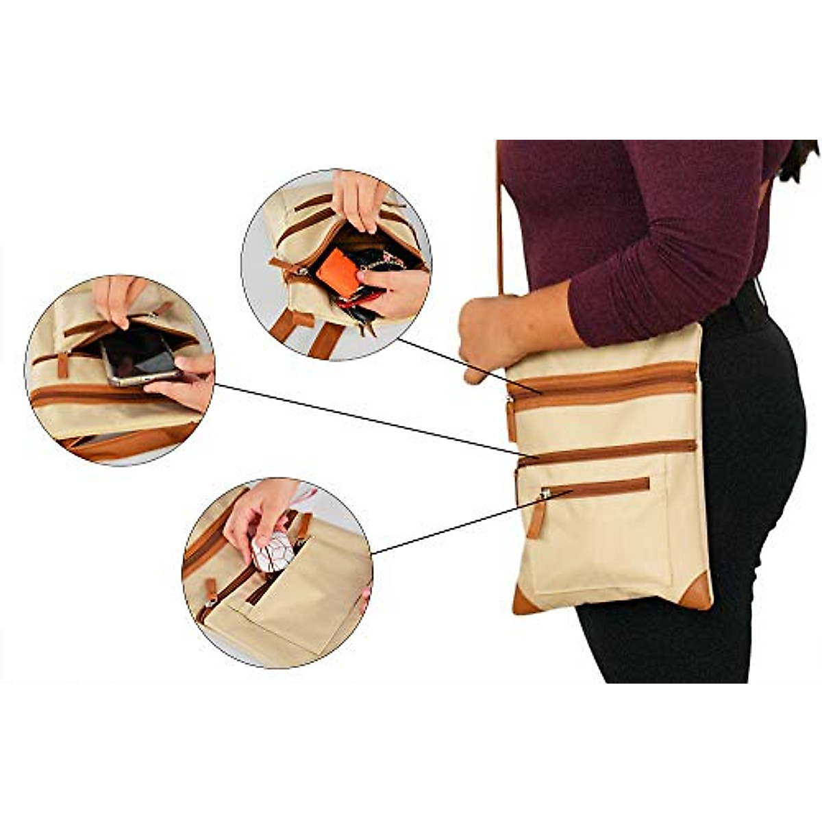 Home-X Crossbody Purses for Women, Shoulder Strap Bag with Zipper Pockets, Nylon Side Body Crossover Purse, 11 ¾" L x 9" W, Beige