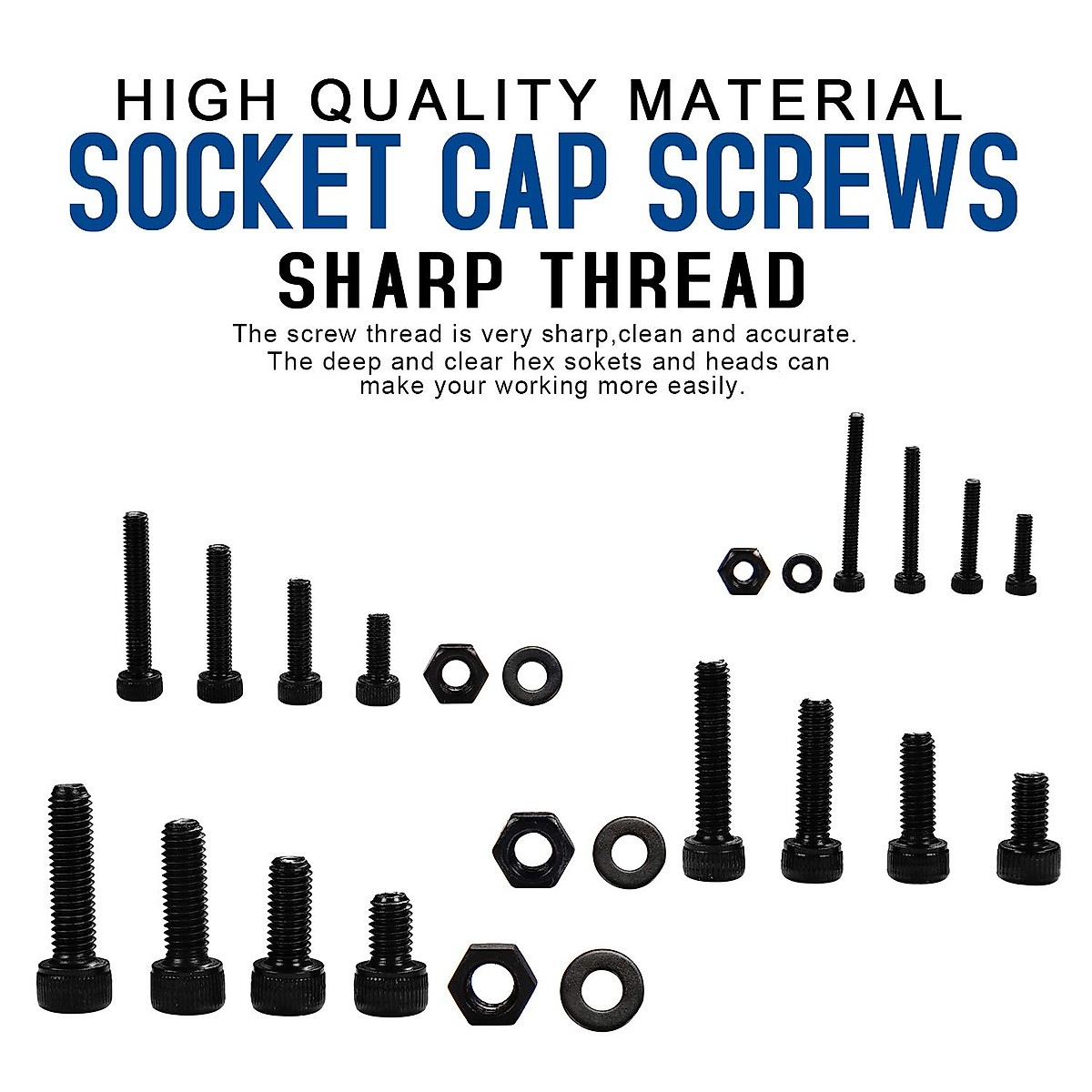 NINDEJIN M2 M3 M4 M5 Hex Socket Head Cap Screw Bolts Nuts and Washer Assortment Kit, 1060 PCS Black Machine Screws Set, 12.9 Carbon Steel Metric Small Parts with 4 Pieces Allen Wrenches