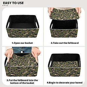 Kigai Hunter Green Leopard Storage Basket for Shelves, Foldable Open Storage Bins with Double Handle, Set of 2 Rectangular Felt Storage Organizer Boxes for Office Desk Home