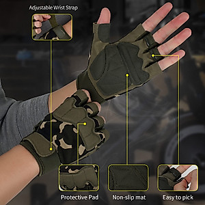 FIORETTO Fingerless Gloves for Airsoft Shooting Half Finger Hunting Hiking Cycling Driving Motorcycle Climbing Work Gloves Green Camo Small