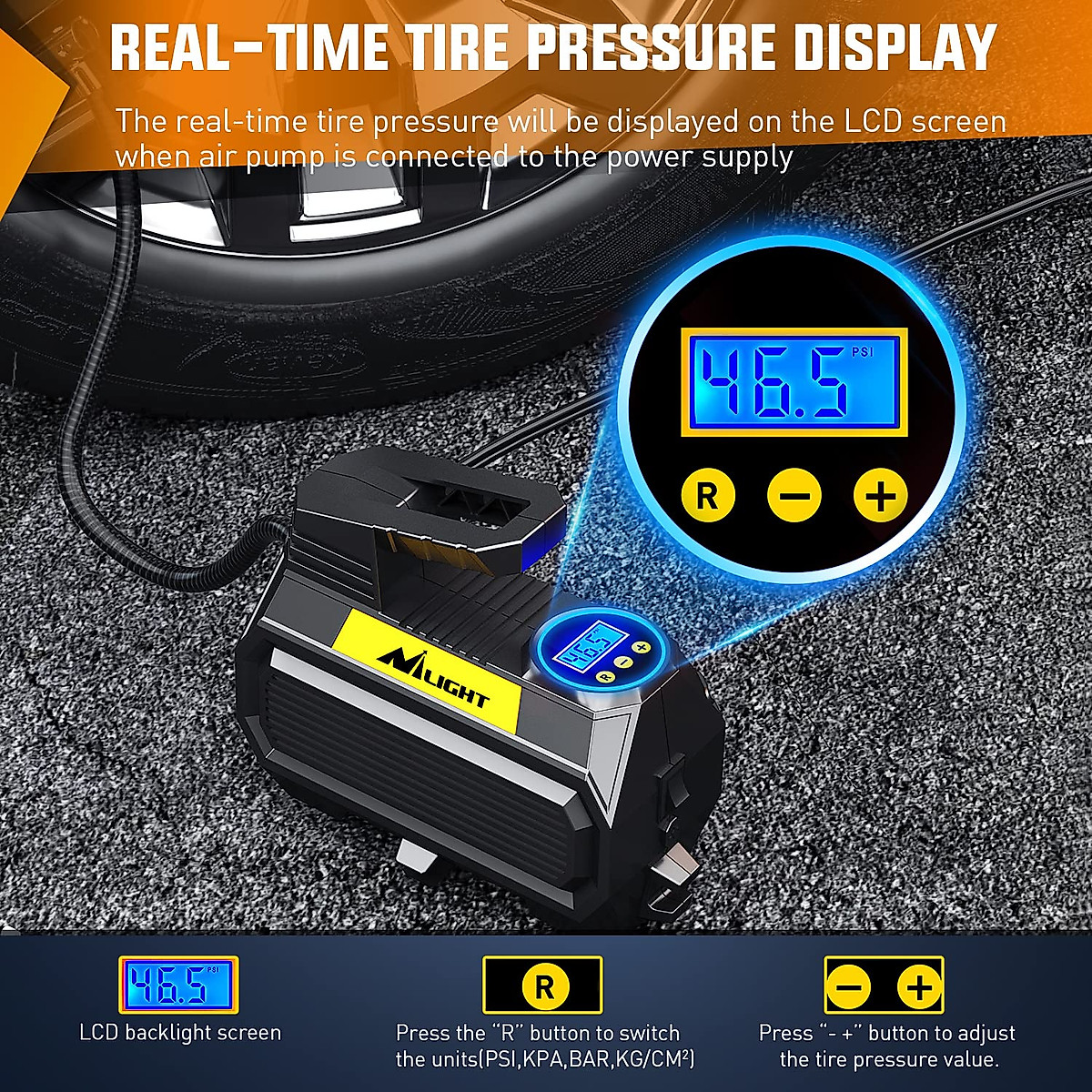 Nilight Tire Inflator Air Compressor Portable Air Pump for 12V DC Car Tires with Digital Pressure Gauge 150PSI Auto Tire Pump with LED Light for Cars ATVs Bicycles, 2 Years Warranty, 50066A
