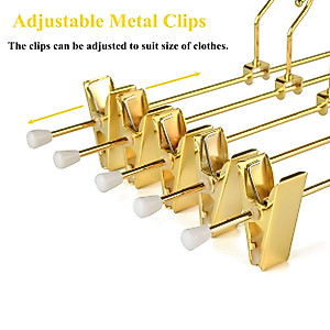 Amber Home 20 Pack Shiny Gold 12 Inch Metal Pants Skirts Hanger, Sturdy for Slacks Trousers with 2 Adjustable Non Slip Clips and Swivel Hook (20 Pack)