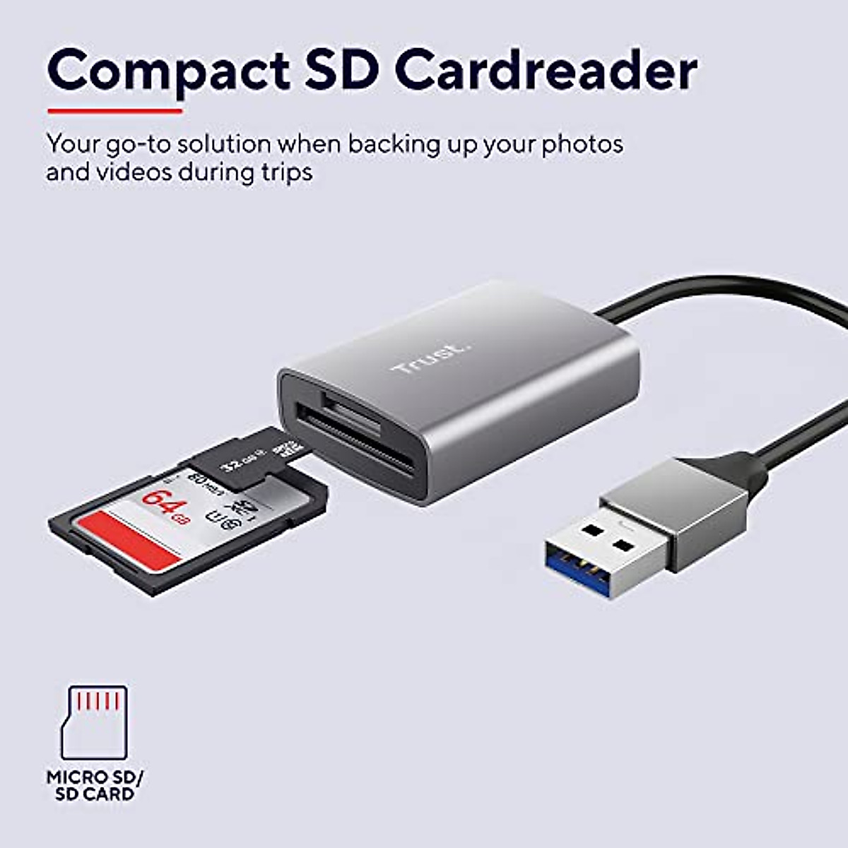 Trust Dalyx Fast USB Cardreader, Fast USB 3.2 Gen 1 with USB-A Connector, 104 MB/s with Compatible UHS-I Cards, (Micro) SD, SDHC and SDXC up to 2 TB, MacBook, PC, Laptop, Chromebook