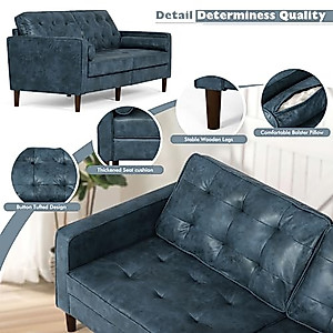 Lesofair 80" Faux Leather 2-seat Sofa with 2 Bolster Pillows, Tufted Loveseat with Wooden Legs, Modern Couch Suitable for Living Room, Office, Blue