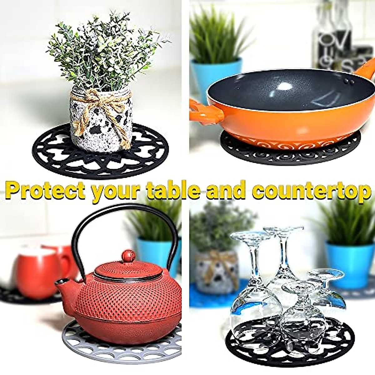 3 Set Silicone Trivet Mats With 1 Extra Large Included | Intricately Carved Insulated Flexible Durable Non Slip Thick Round Premium Trivets for Hot pots and pans | Black