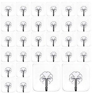 Mlici Adhesive Hooks Wall Hooks, 24 Pack Clear Hooks Transparent Reusable Seamless Hooks, Strong Sticky Rotating Wall Hangers, 30lb(Max) Heavy Duty Hanging Hooks for Kitchen Bathroom