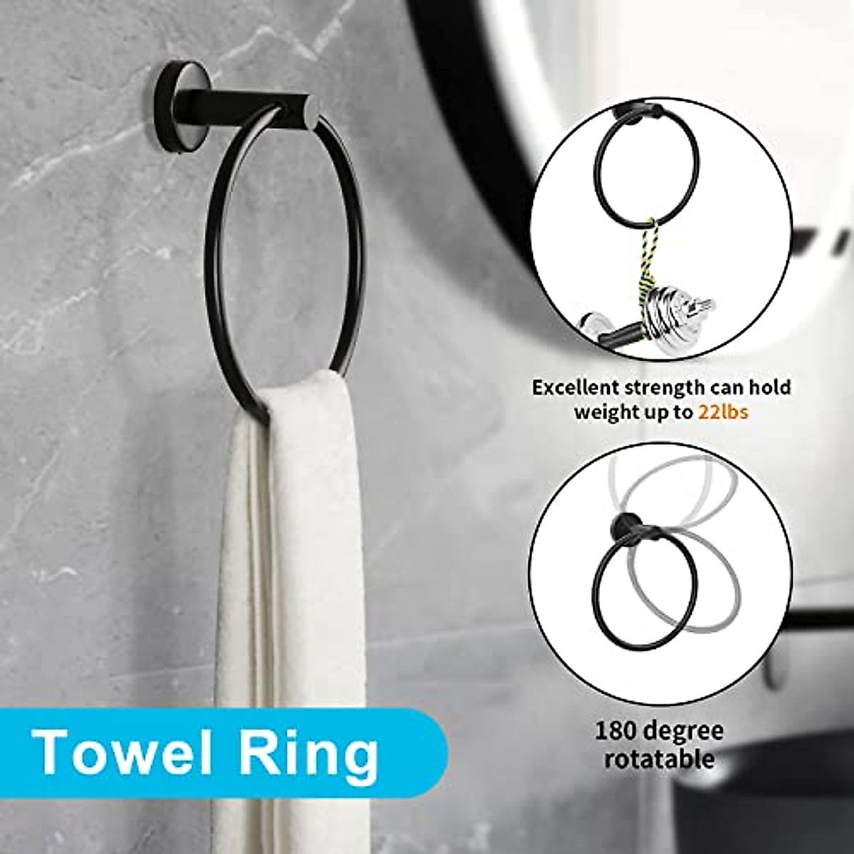 Bathroom Hardware Set, 6-Piece Matte Black Bath Accessories Set Wall Mount Includes 17/23" Towel Bar,Toilet Paper Holder,Towel Ring, 2 Hooks SUS304 Stainless Steel,Heavy Duty