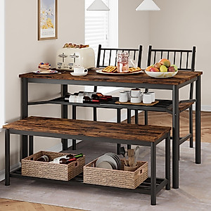 IDEALHOUSE Dining Table Set for 4, Kitchen Table and 2 Chairs with Storage Bench, 47.2" Rectangular Kitchen Table Set with Wine Rack, Dining Room Table Set for Small Space, Apartment, Rustic Brown