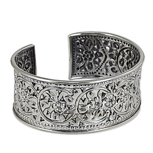 NOVICA Artisan Handmade Sterling Silver Cuff Bracelet Floral No Stone Thailand [6.25 in L (end to End) x 1.1 in W] ' Renewal'