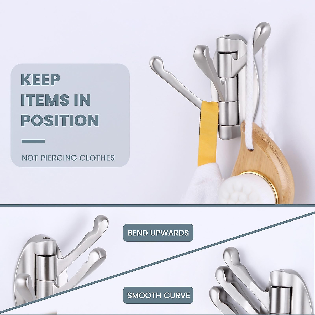 Suyar Brushed Nickel Bathroom Towel Hook, Solid Metal Robe Holder 3 Swivel Foldable Arms, Flexible Rotating Towel Hook for Hanging Coat Clothes, Wall Mounted