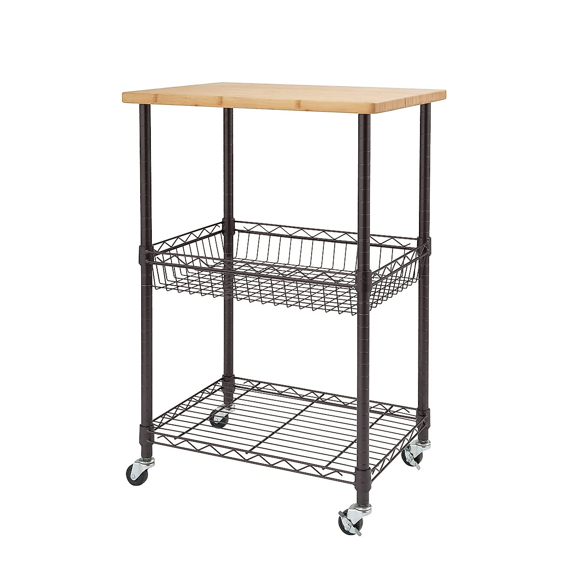 TRINITY BASICS 3 Tier Rolling Cart Kitchen Organizer with Bamboo Top, Metal Wire Storage Basket and Shelf for Household and Pantry Organization, Dark Bronze, 24” W x 18” D x 35” H