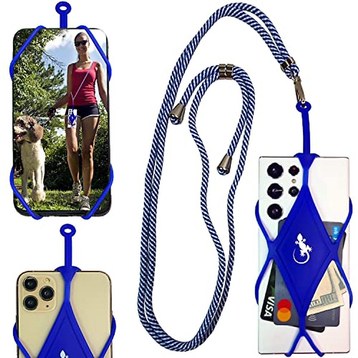 Universal Crossbody Cell Phone Lanyard - by Gecko Phone Neck Holder Phone Case Lanyard Compatible with iPhone 14 Crossbody Case with Strap (Sky XL Neck - Blue Diamond)