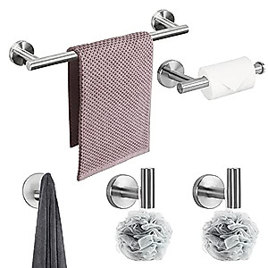 NearMoon 5 Pcs Bathroom Hardware Set SUS 304 Thicken Stainless Steel-Towel Bar Set Include 16" Towel Rod+Toilet Paper Holder+3 Multifunctional Hooks Bathroom Accessories (Brushed Nickel)