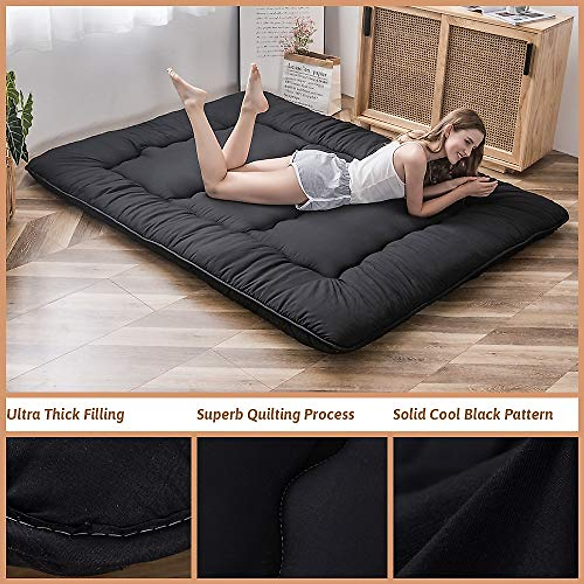 MAXYOYO Japanese Floor Mattress Futon Mattress, 4" Thicken Tatami Mat Sleeping Pad Foldable Roll Up Mattress Boys Girls Dormitory Mattress Pad Kids Floor Lounger Pillow Bed, Black, Full