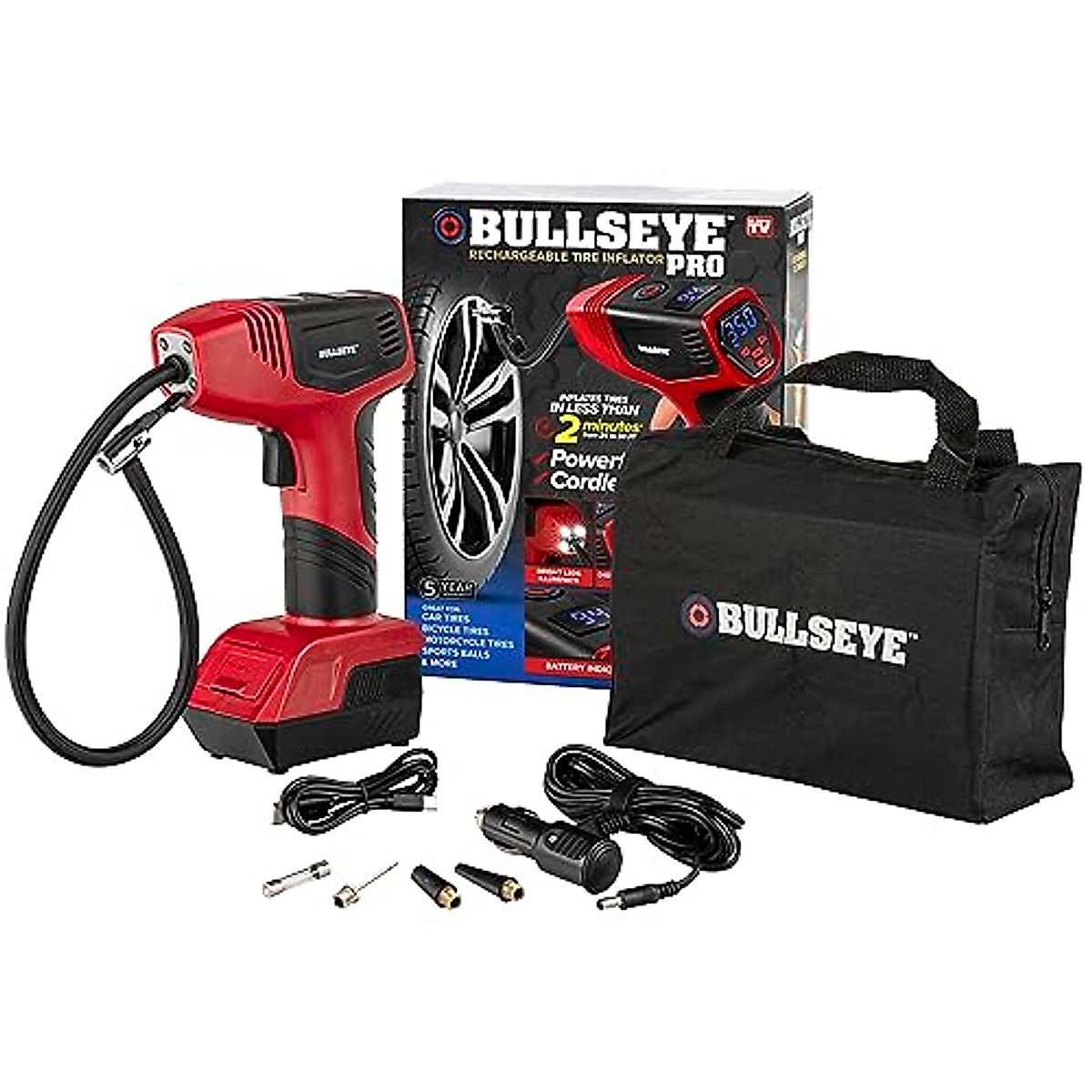 As Seen On TV Bullseye Pro Digital Tire Inflator Automatic 150 PSI w/Gauge Display Screen & Pre-set Pressure in KPA, PSI, BAR, Kg/cm, Built-in LED Lights, Rechargeable, Air Compressor, Car Tire Pump