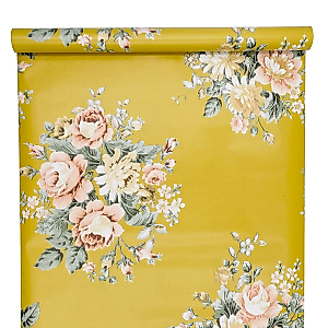 Yifely Vintage Peony Floral Shelving Paper Dark Yellow Peel & Stick Shelf Liner Dresser Drawer Sticker 17.7 Inch by 9.8 Feet