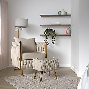 NIOIIKIT Modern Velvet Accent Chair with Storage Ottoman, Upholstered Hand Woven Lounge Chair with Pillow, Luxury Armchair, Vanity Chair for Living Room, Bedroom, Office (Beige)