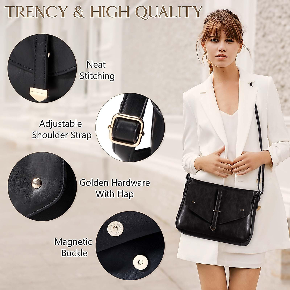 VASCHY Crossbody Bags for Women, Soft PU Leather Water Resistant Crossbody Purse Handbags Shoulder Bags Black