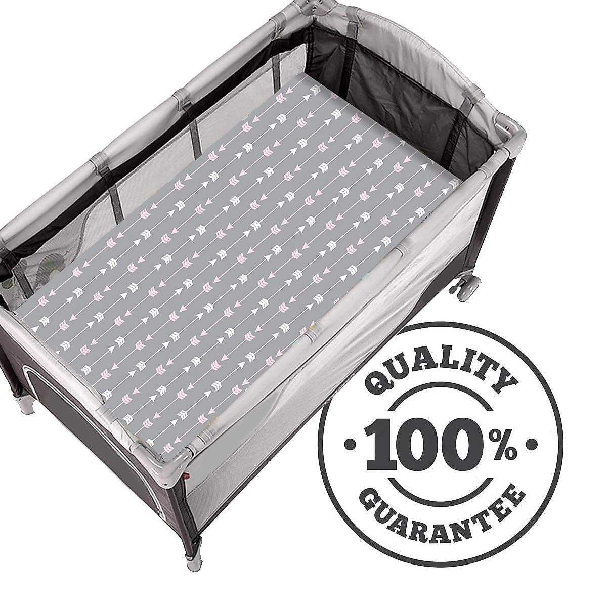 GROW WILD Pack n Play Sheets 3-Pack | Baby Mini Crib Sheets for Girls | Soft Pack and Play Mattress and Crib Bedding Set | Playard Jersey Cotton Fitted Crib Sheets | White Grey Pink Deer and Arrows