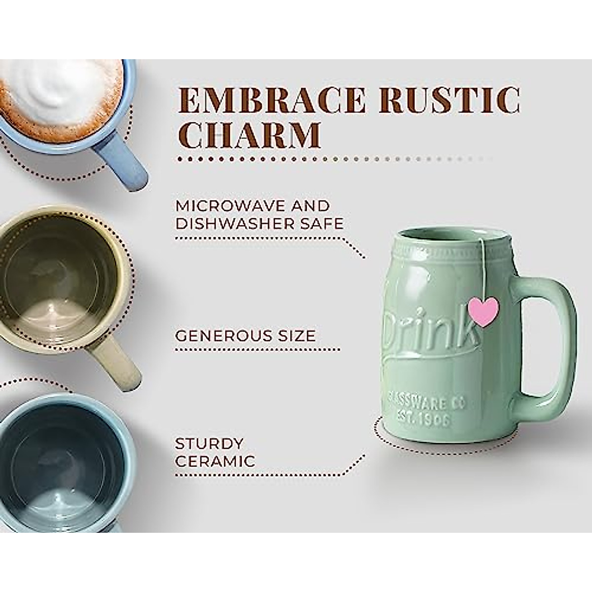 Mason Jar Mugs - Set of 6-15oz - Ceramic, Vibrant Colors - Great for Coffee, Tea, Cold/Hot Drinks, Indoor/Outdoor Parties - Farmhouse Décor