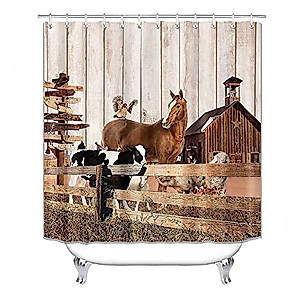 Camille&Andrew 4PCS Horse Shower Curtain Set, Cow Cattle Sheep Hen Farm Animal Brown Barn Western Country Rustic Farmhouse Bathroom Decor Waterproof Fabric Shower Curtain, Non-slip Bath Mat Toilet Rug