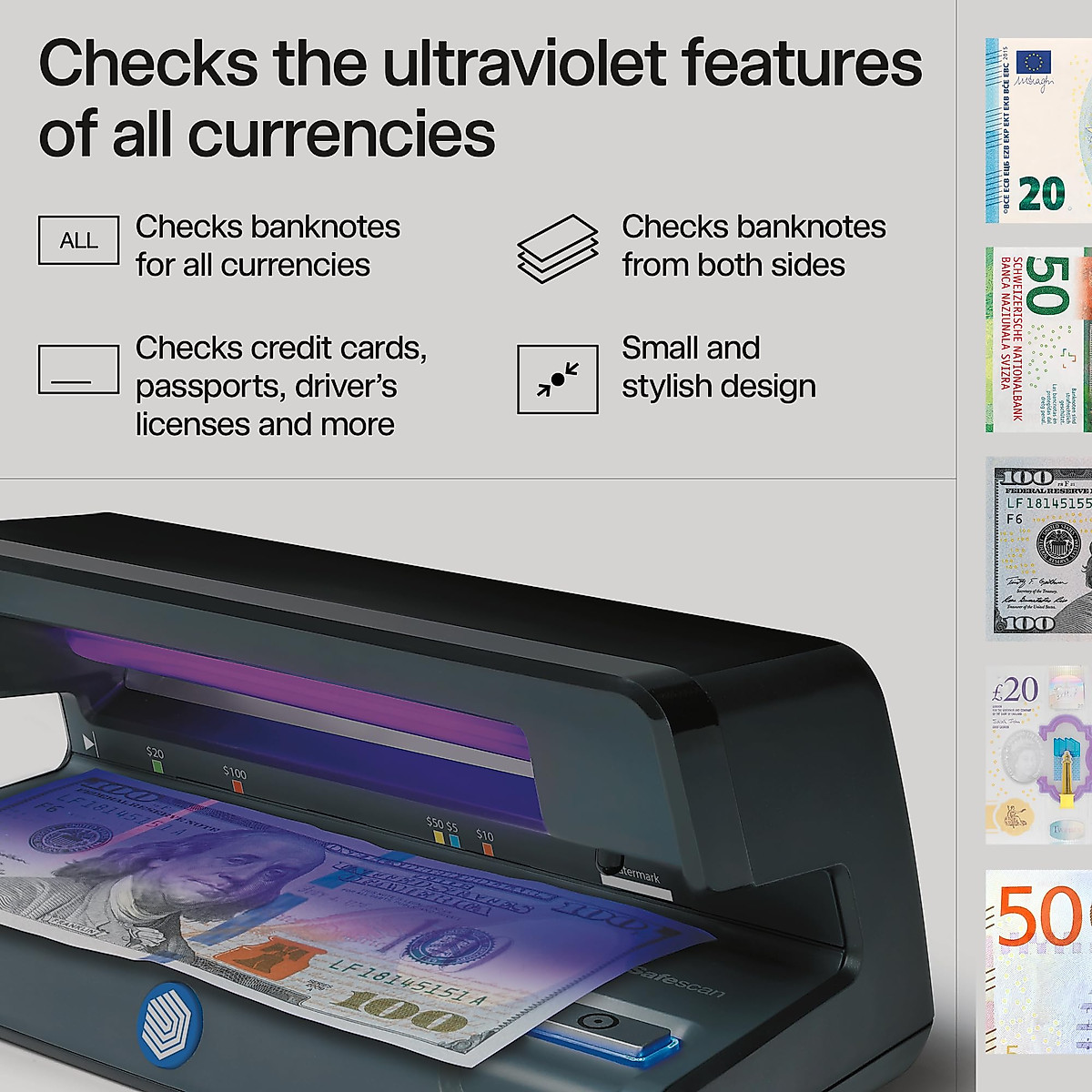Safescan 50 UV Counterfeit Bill Detector, Small Footprint, Lightweight, Great for Bills, Credit Cards, Passports, IDs, Suitable for All Currencies, Powerful 9W UV Light, CE Certified, 3-Year Warranty