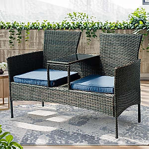 TINKLE WELL Wicker Outdoor Loveseat Modern Rattan 2-Seat Patio Conversation Set with Cushions & Built-in Coffee Table Porch Furniture for Garden Lawn Backyard, Brown