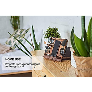 TESLYAR Natural Walnut Wood Phone Docking Station Hooks Key Holder Wallet Stand Watch Organizer Men Husband Anniversary Birthday Nightstand Purse Father Graduation Male Idea Gadgets Solid