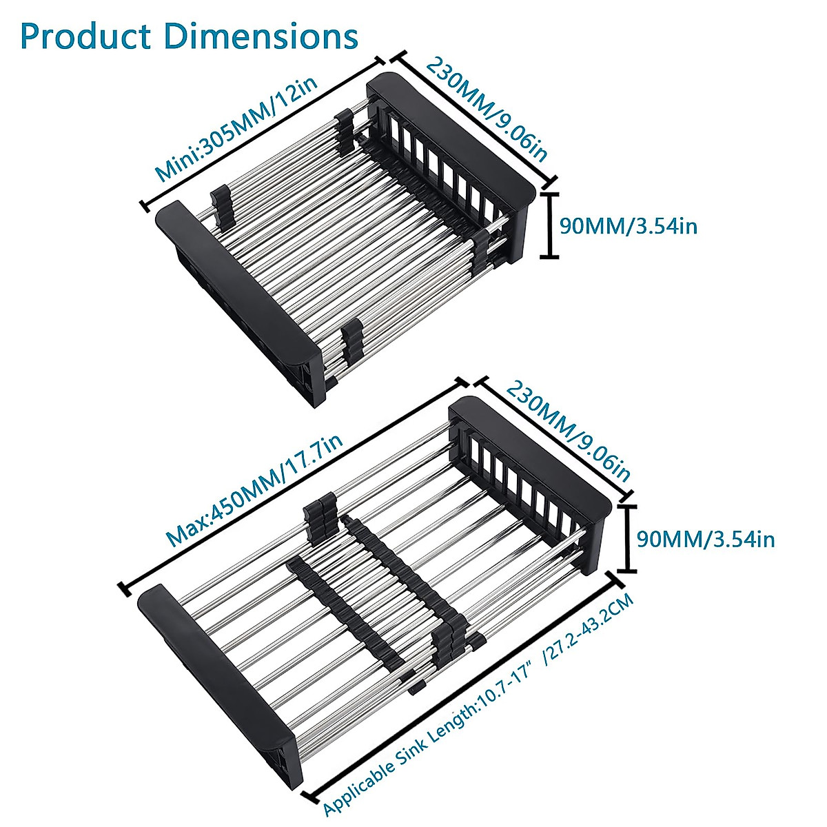 GICASA Adjustable Stainless Steel Drainer Basket Drain Tray for Dish Vegetable Fruit, On Counter Dish Rack or in Sink Over Sink Kitchen Basket Dish Drying Rack