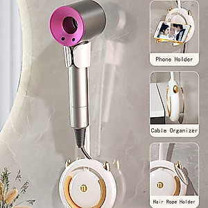 JARPSIRY 360° Adjustable Hands Free Hair Dryer Holder, Wall Mounted Blow Dryer Stand Rack with Cable Hanger, Flexible Lazy Hair Dryer Holder Bathroom Organizer