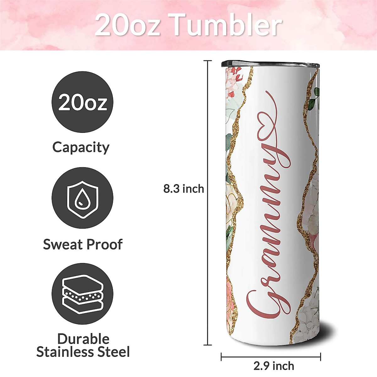 owbgsdh 20 oz Grammy Skinny Tumblers with Lid and Straw, Grammy Stainless Steel Vacuum Insulated Travel Coffee Mug Cup Water Bottle, Grammy Birthday Gifts for Grandmother