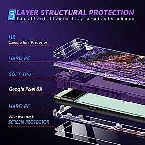 Miqala Google Pixel 6A Heavy Duty Case: Shockproof, Anti-Scratch, with 2 Tempered Glass & Camera Lens Protectors - Purple