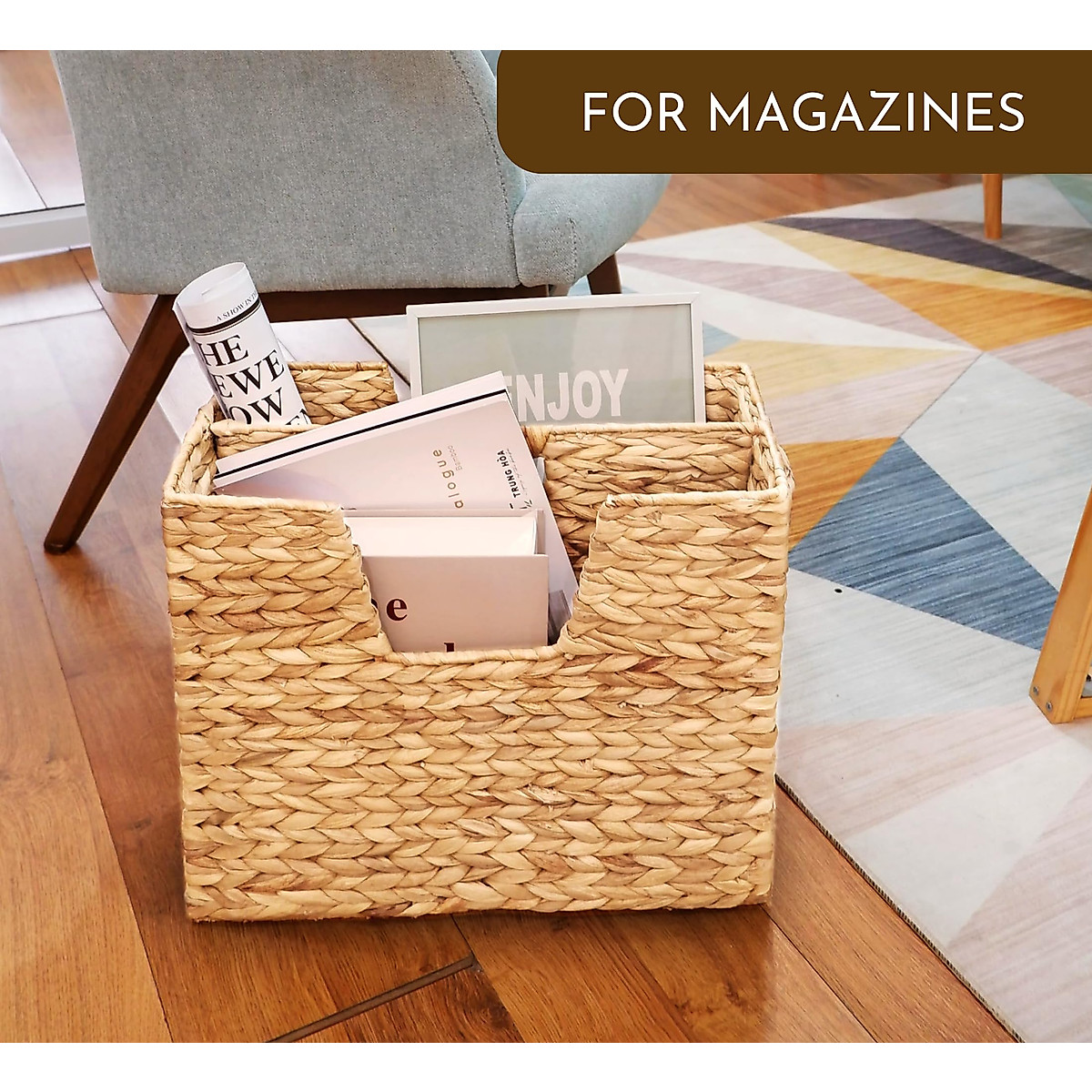 Chi An Home Wicker Magazine Basket, Water Hyacinth Basket for Files, Rattan Newspaper Rack Skinny Wicker Basket for Books & Files, Divided Hyacinth Basket With Handle (Medium)