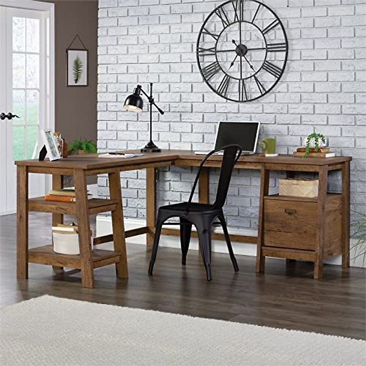 Sauder Trestle L-Shaped Trestle Desk in Vintage Oak, Vintage Oak Finish