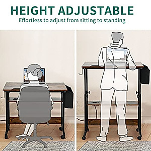 YITAHOME Height Adjustable Table with Charging Station, Portable Desk with Wheels, Small Standing Rolling Computer Desk with Tiltable Tabletop and Storage Bag, Brown