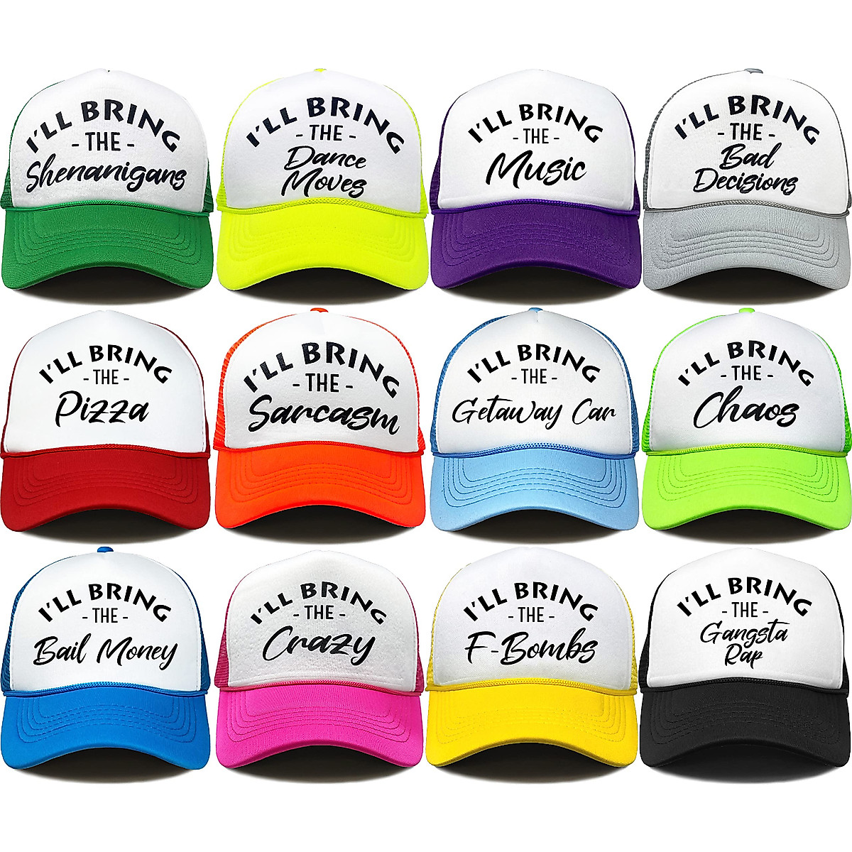 Funky Junque Trucker Hat - 12 Pk - IBT (Bail,B-Decisions,Chaos,Crazy, F-Bombs,G-Rap,Getaway,D-Moves,Music,Pizza,Shenan,Sarcasm)