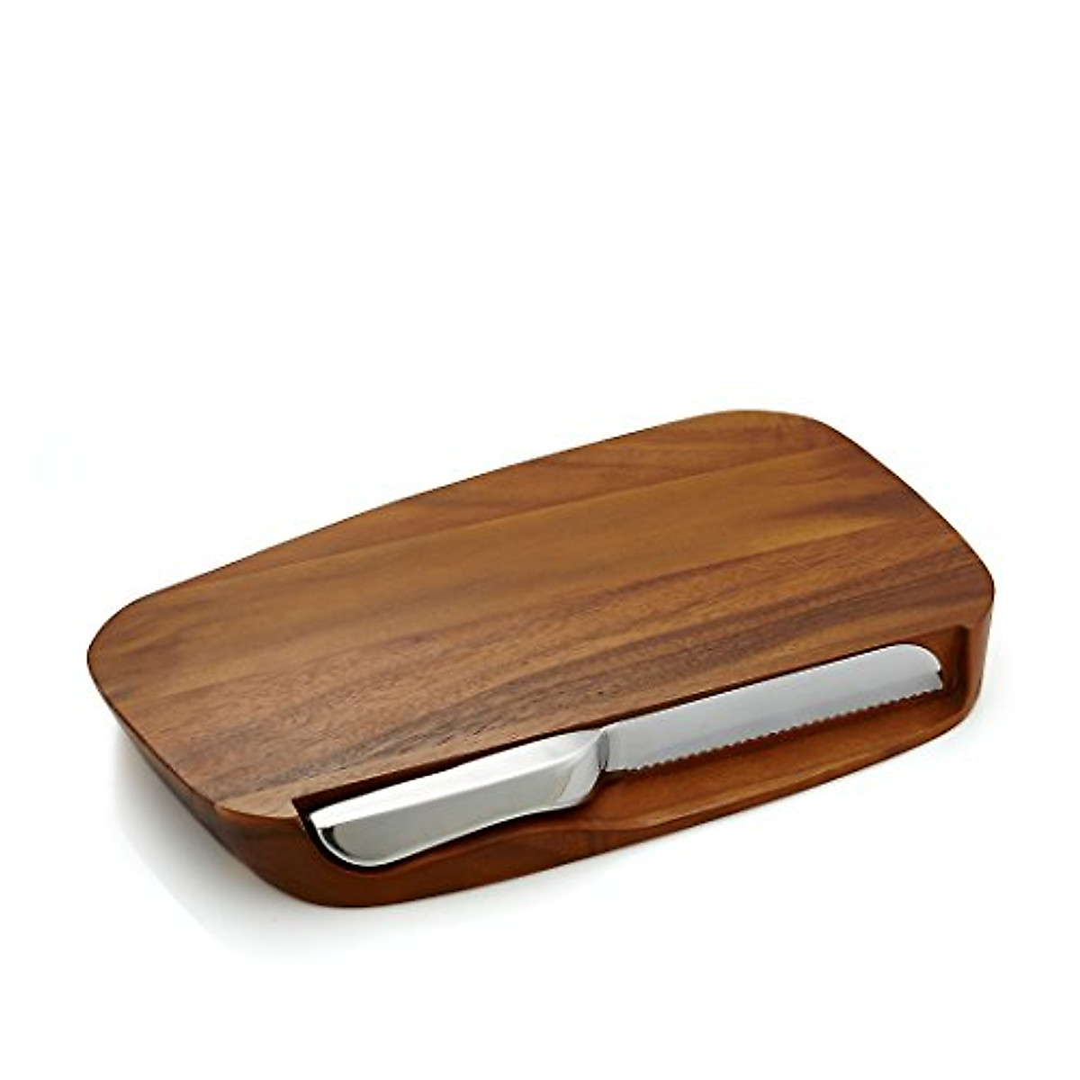 nambe Blend Bread Board with Knife | Made of Acacia Wood and Stainless Steel | Wooden Board with Serrated Knife for Cutting Fresh Bread | Designed by Neil Cohen