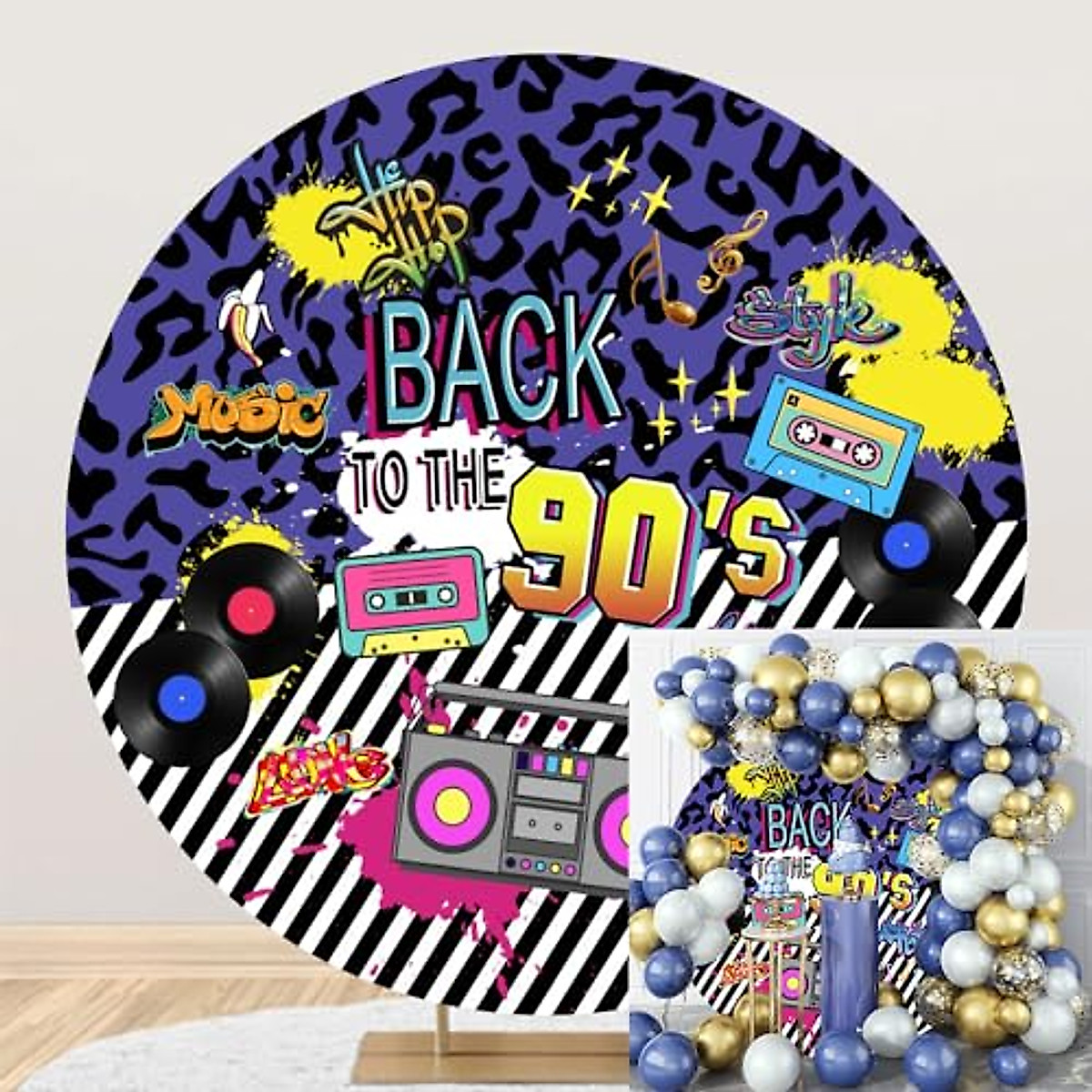 AWERT Polyester Diameter 7ft Round Back to The 90's Backdrop Retro Colorful Graffiti Hip Hop Old Radio Black White Stripes Photo Background 90's Theme Birthday Party Discos Ball Decoration