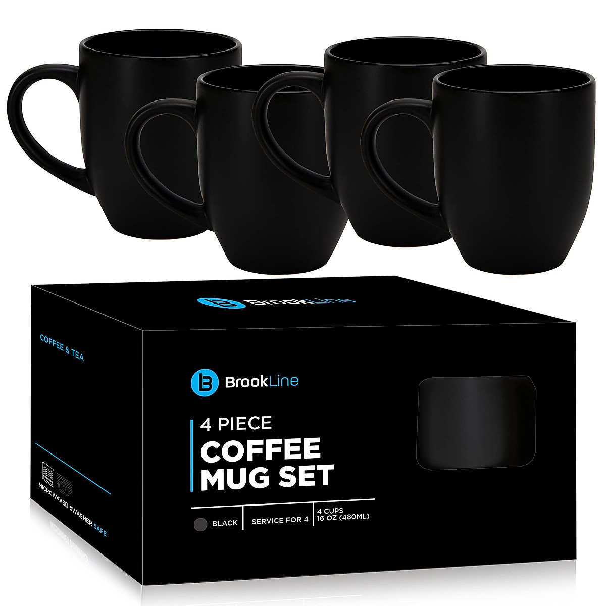 Brookline Ceramic Coffee Mug 16OZ - Tea Mug with Handle, Espresso Cups - Excellent Choice for Camping, Travel & Office - Great Gift Idea (Black, 4)