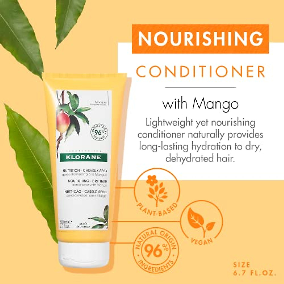 Klorane Nourishing Conditioner with Mango Butter, Moisturize and Hydrate Dry Hair, Paraben, Silicone, Sulfate Free, 6.7 Ounce