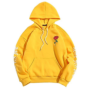 ZAFUL Men's Fleece Hoodie Unisex Rose Letter Print Hooded Pullover Kangaroo Pocket Sweatshirt Yellow XL