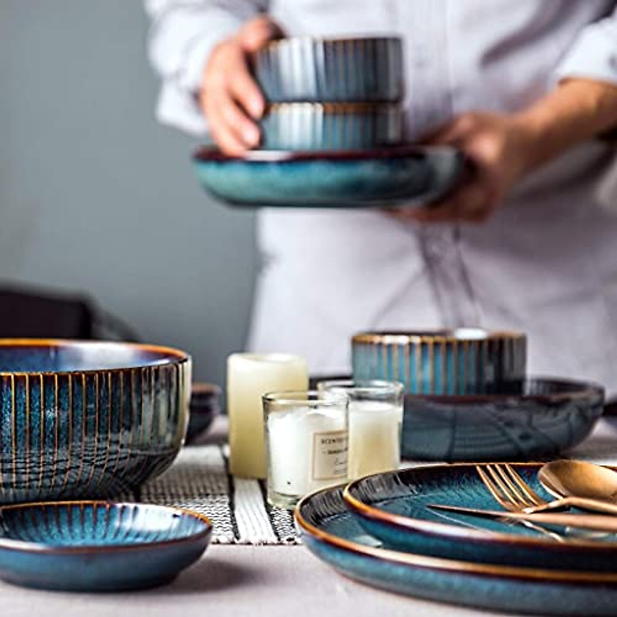 Porcelain Dinner Set Ceramics Dinner Sets Ceramics Dinner Sets, Bowl/Spoon/Plate Light American Style Starlight Series Dinnerware Set 28 Pieces - Family Party and Kitchen Restaurant