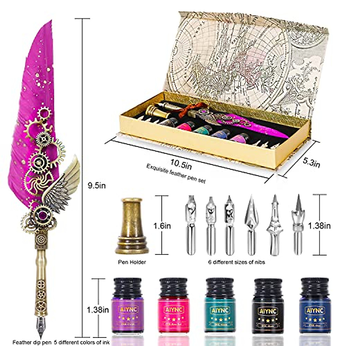 AIYNC Feather Calligraphy Pen Set, Quill Pen and Ink Set with Quill Pen and 5 Ink Bottles, Feather Pen Ink Set, Calligraphy Pen for Writing, Writing Letters, Diary, Signing, Invitation Etc (Purple)…