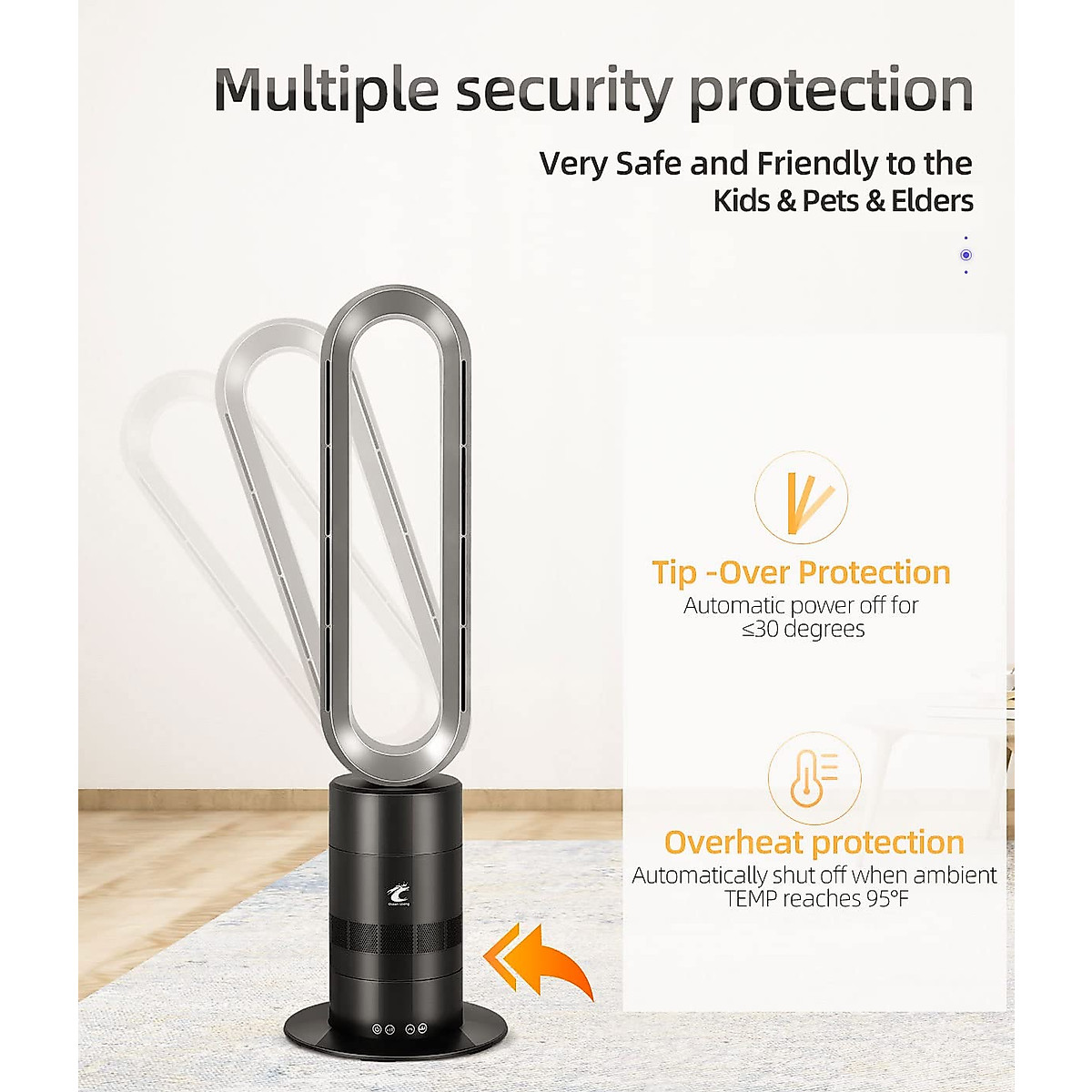 Ocean Loong AB18G Bladeless Tower Fan, 9 Speeds & 32 inchs Leafless Fan with Remote Control,Air Circulator Fan for Home Air Conditioner, Grey/Silver