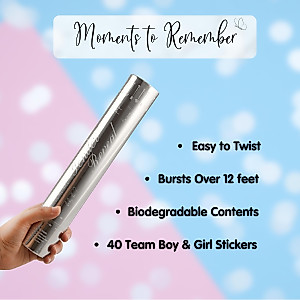 Gender Reveal Confetti Powder Cannon - 4 Blue Poppers - Gender Reveal Party Supplies - Smoke Powder & Confetti Sticks Cannons - Gender Reveal Stickers 40pcs (20 Girl 20 Boy)