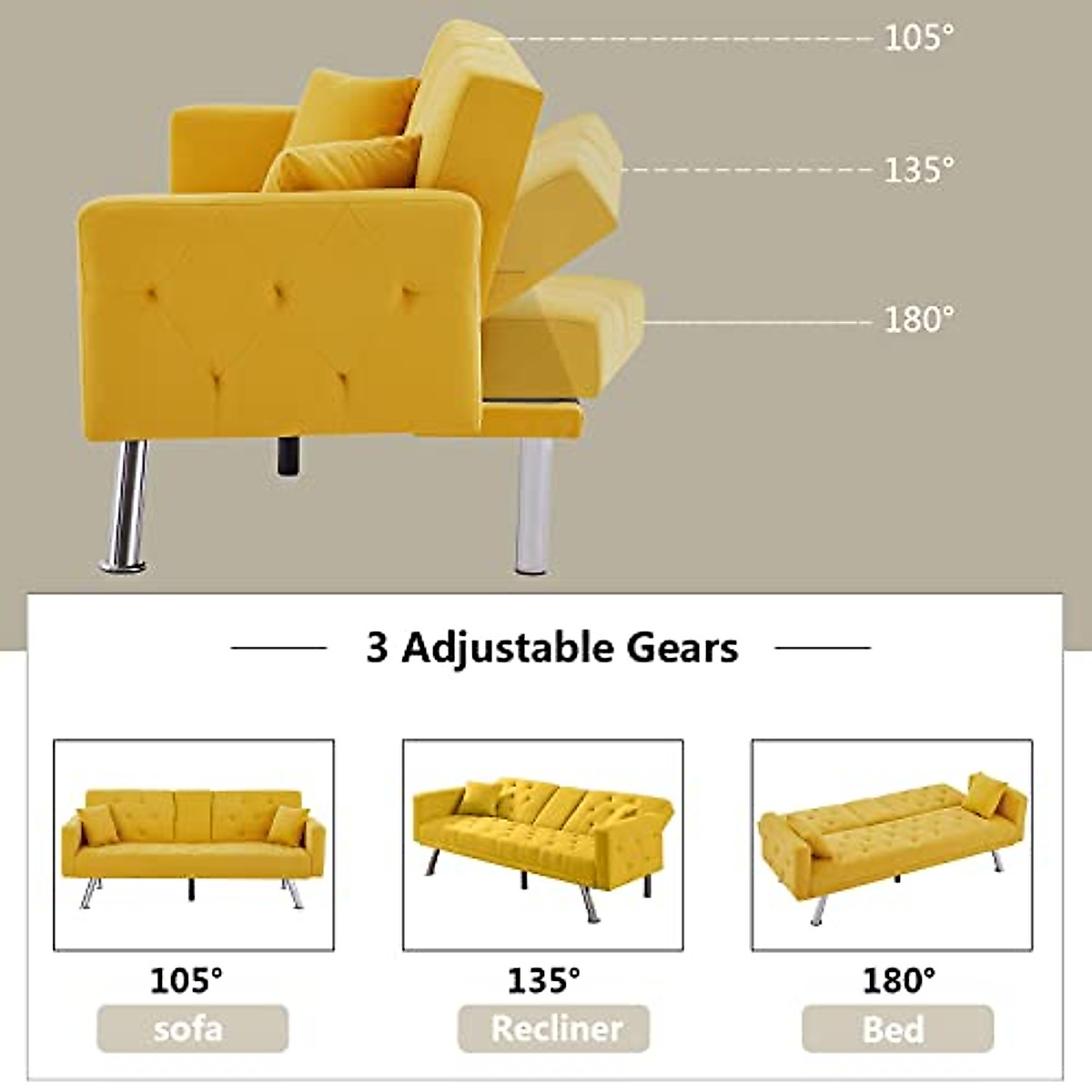 mikibama 76 Inch Futon Sofa Bed with Cup Holders, Linen Convertible Folding Futon Couch with Adjustable Backrest and Throw Pillows for Living Room, Tufted Sleeper Sofa with Metal Legs (Yellow)